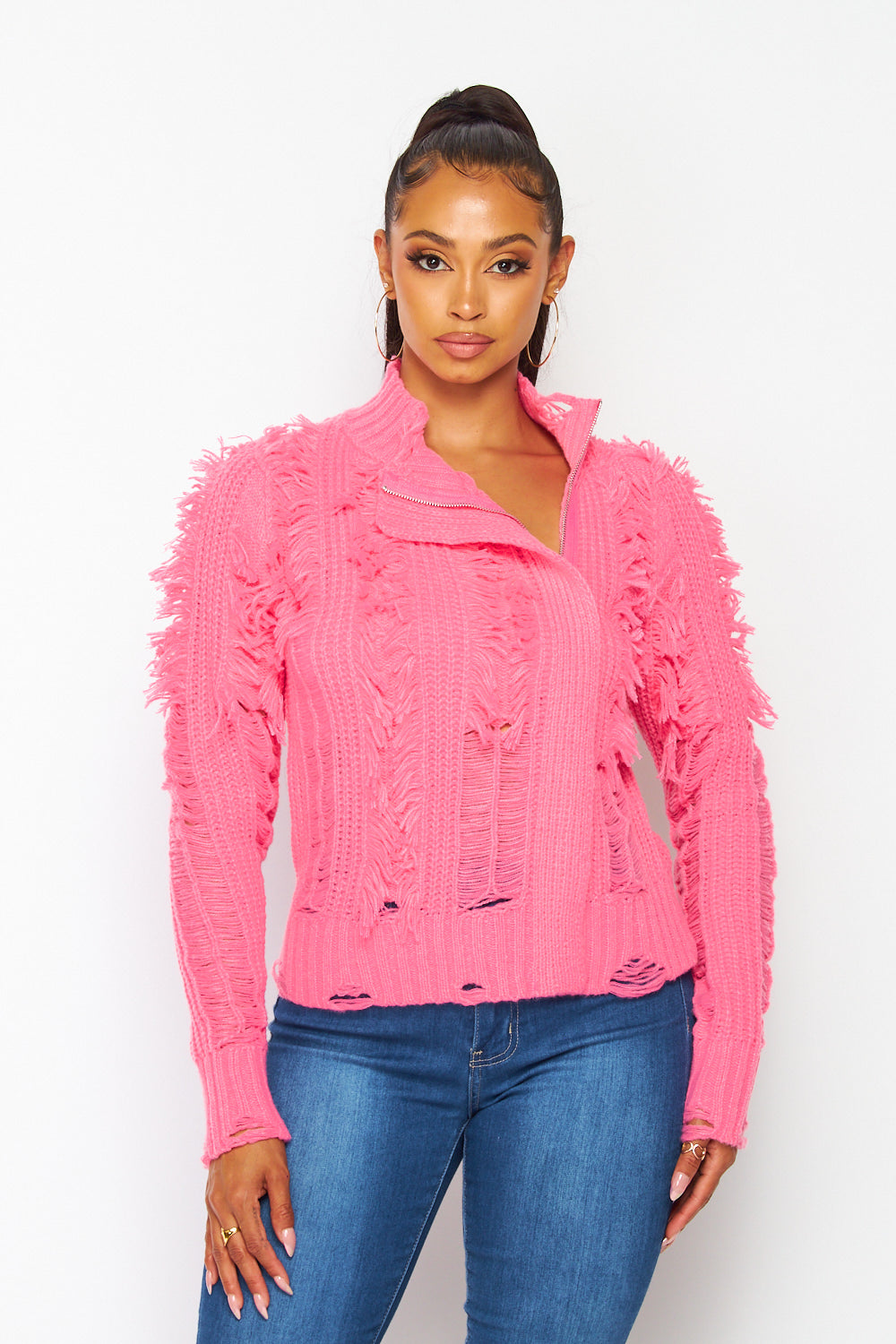 Honey Dearest Shaggy Distressed Moto Sweater – Hot & Delicious