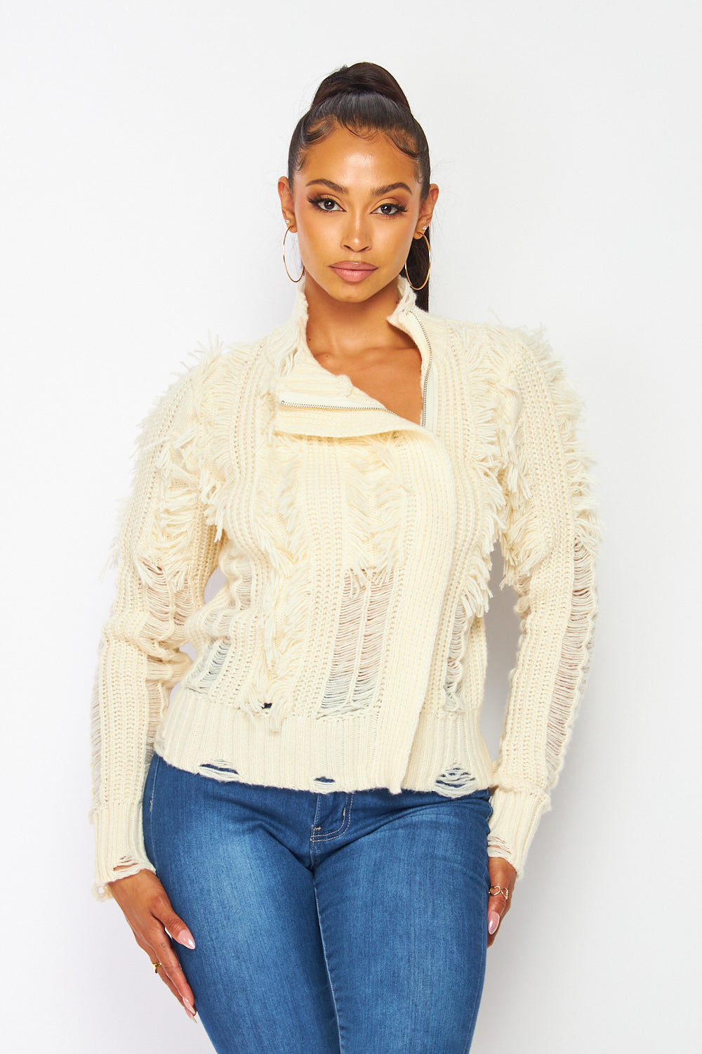 Honey Dearest Shaggy Distressed Moto Sweater – Hot & Delicious