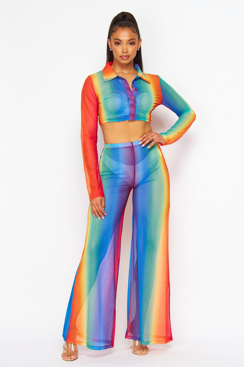 Pretty Rainbow Sheer Crop Top And Wide Pants Set – Hot & Delicious